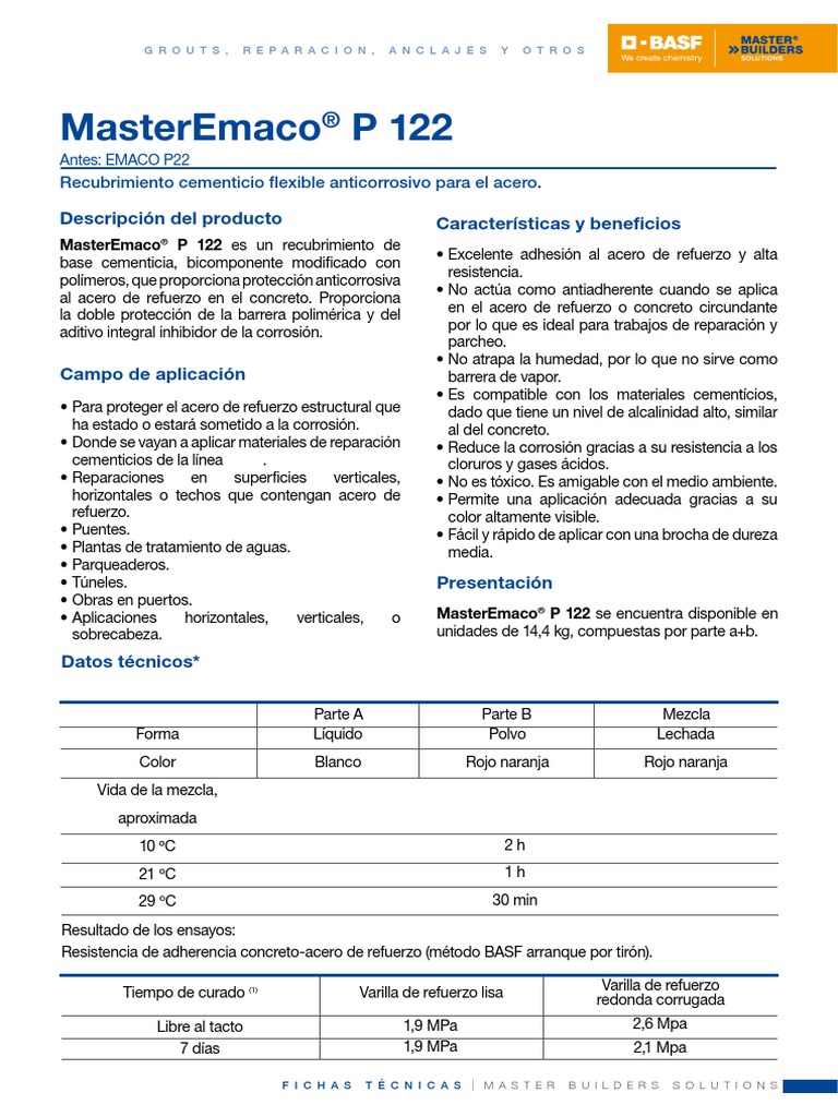 Masteremaco P 122 Ficha Técnica | PDF | Hormigón | Acero