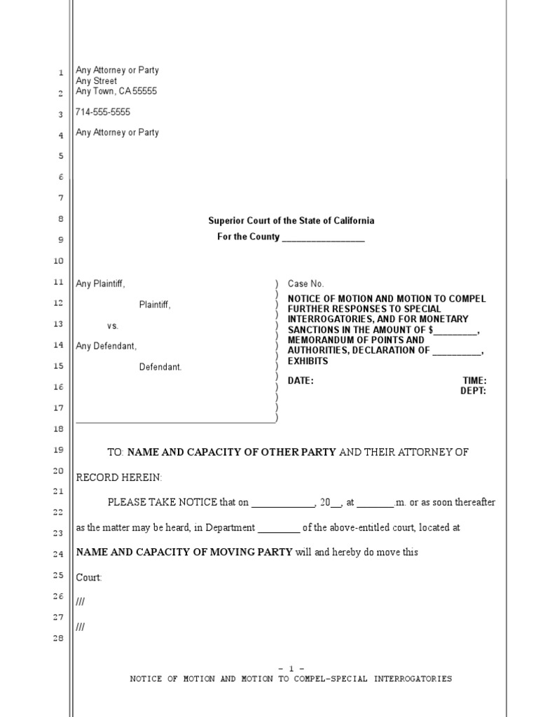Sample Motion To Compel Further Responses To Special Interrogatories ...