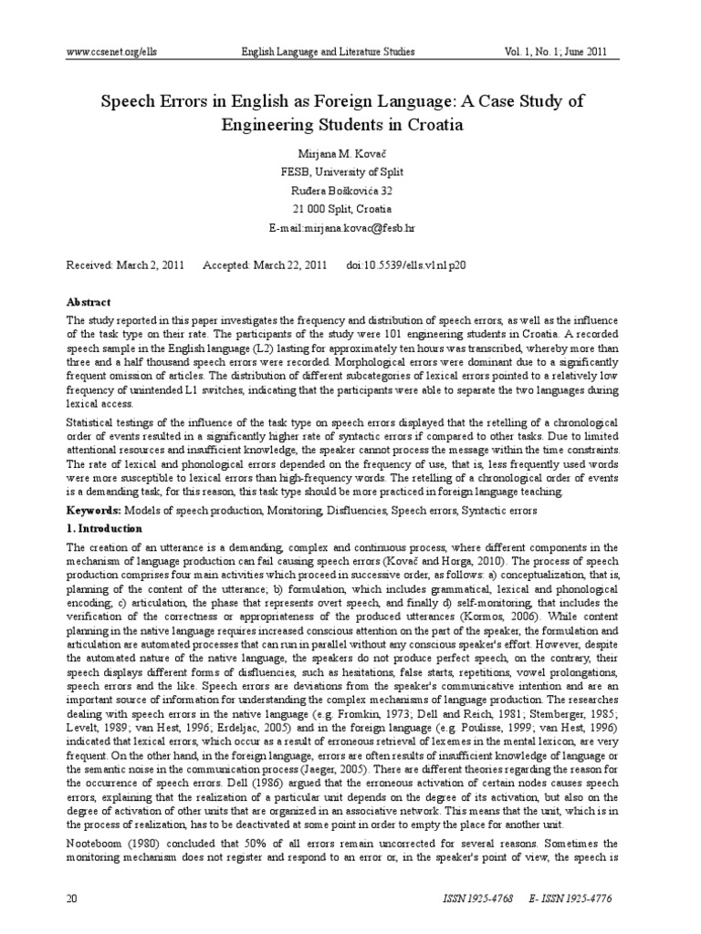 Article Speech Errors in EFL | PDF | Lexicon | Second Language