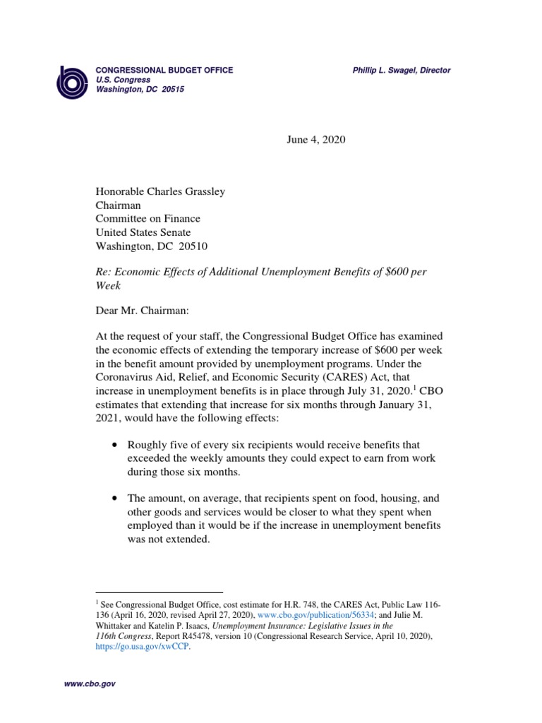 CBO Grassley Letter On Enhanced Unemployment Benefits | PDF | Unemployment Benefits | Labour ...
