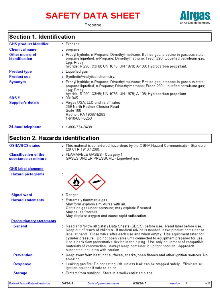 MSDS LPG by Airgas (2018) | PDF | Propane | Dangerous Goods