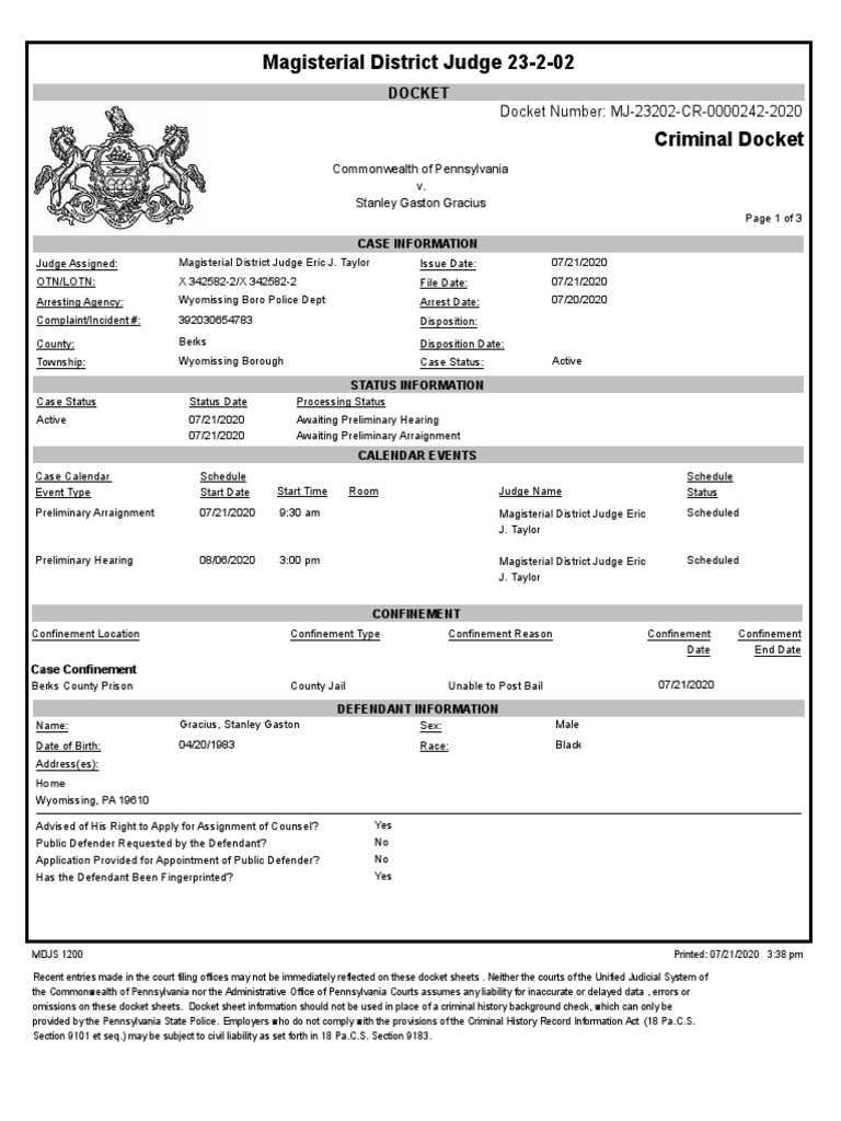 Stanley Gracius Docket Sheet | PDF | Magistrate | Criminal Record