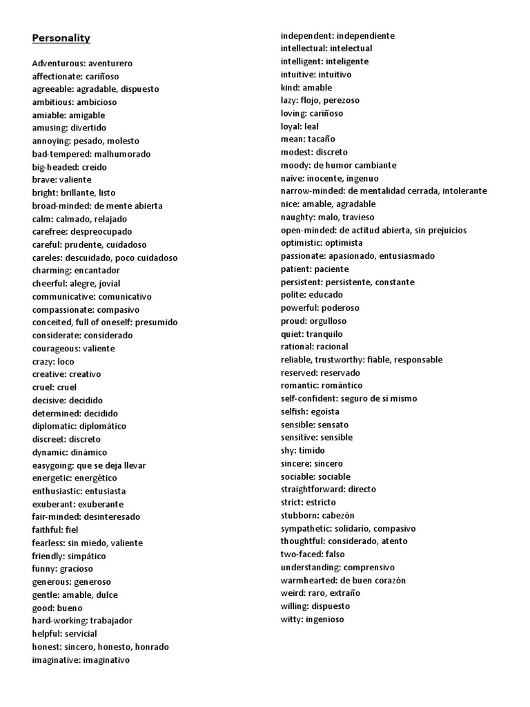 Vocabulario 4 (Adjectives - Personality) For Aptis | PDF | Poesía ...