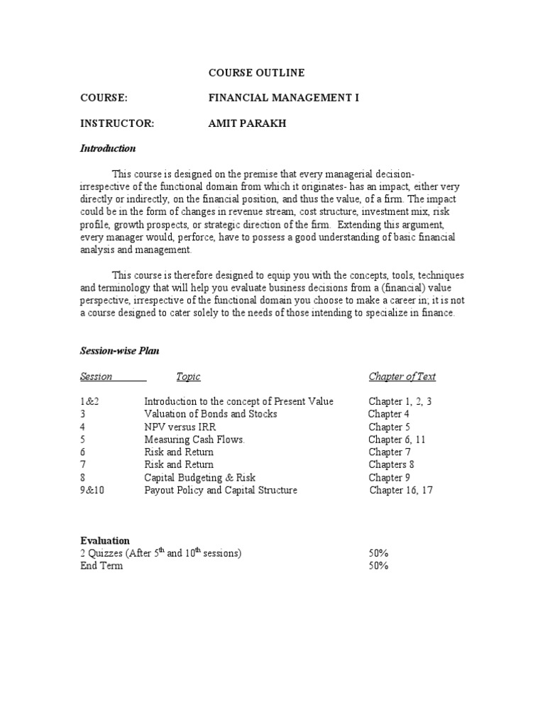Course Outline Course: Financial Management I Instructor: Amit Parakh | PDF