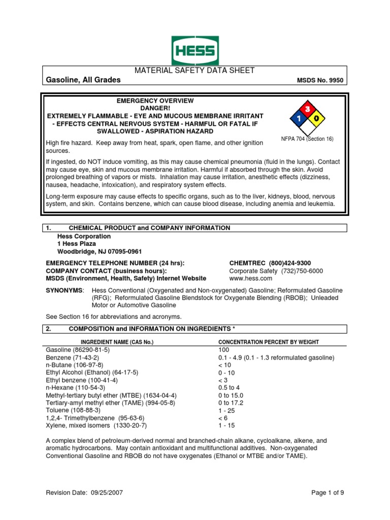 MSDS Gasoline by HESS (2007) | PDF | Firefighting | Gasoline