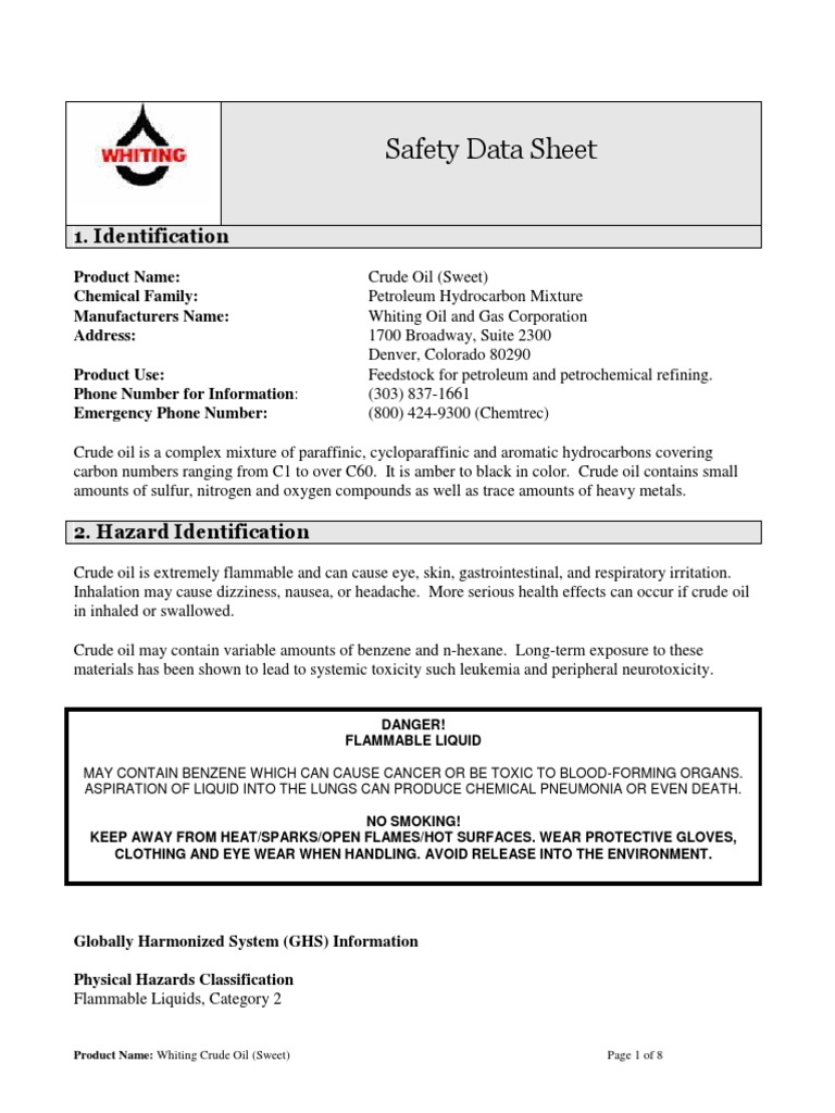 MSDS Crude Oil by Whiting. Rev 2013 | Download Free PDF | Personal ...