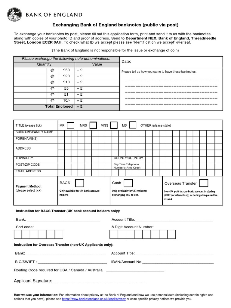 Exchanging Bank of England Banknotes (Public Via Post) : Please ...
