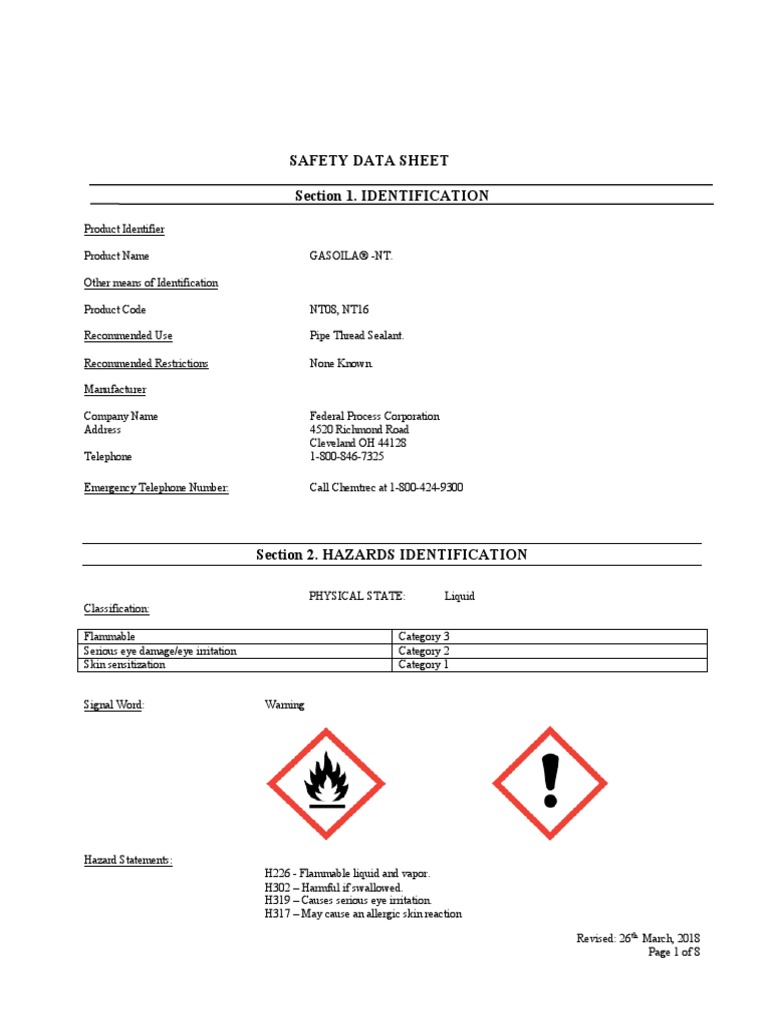 Safety Data Sheet Section 1. Identification | PDF | Personal Protective Equipment | Toxicity