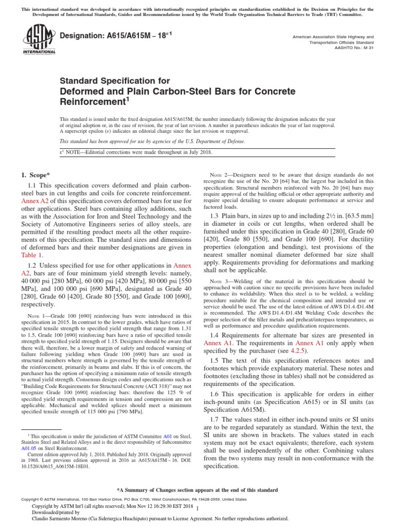 Astm A615 - 2018 | PDF | Strength Of Materials | Materials
