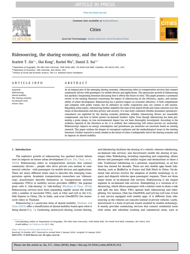 Ridesourcing, The Sharing Economy and The Future of Cities | PDF | Sharing Economy | Public ...