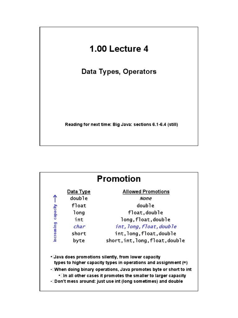 Data Types, Operators: Reading For Next Time: Big Java: Sections 6.1-6. ...