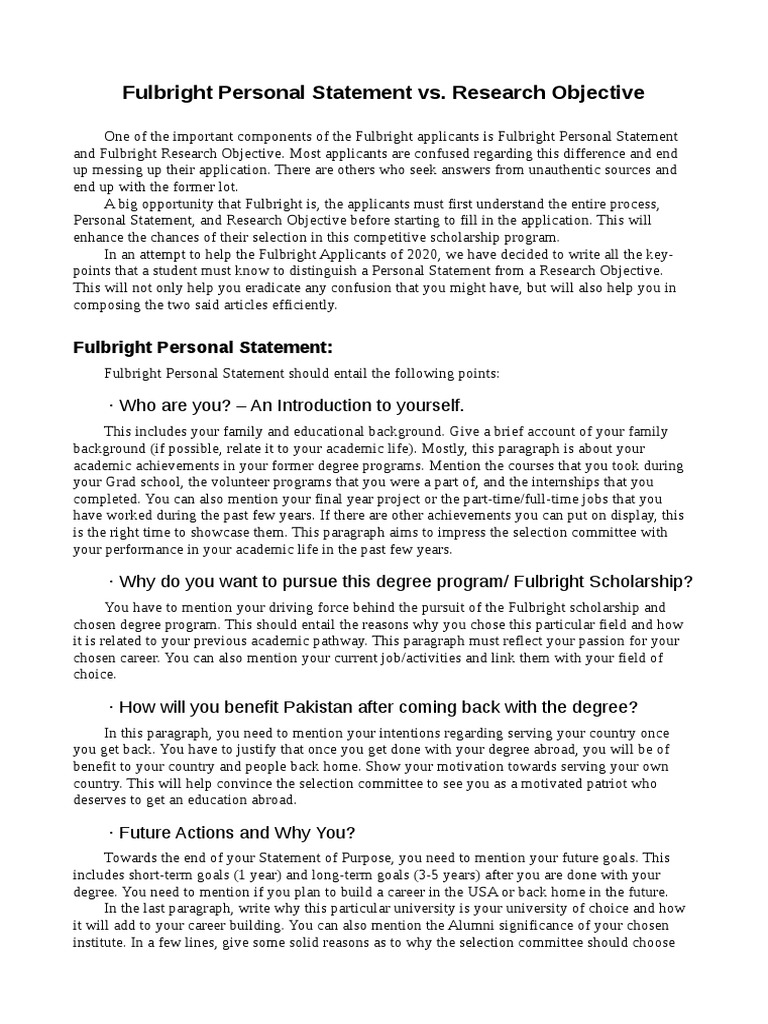 Fulbright Personal Statement vs. Research Objective | PDF | Academic ...