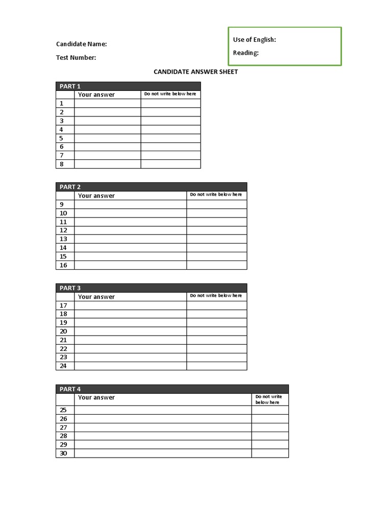Answer Sheet C1 Advanced | PDF