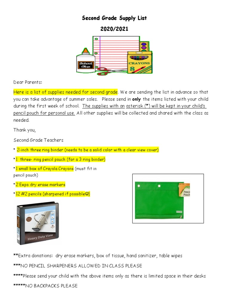 Second Grade Supply List 2020/2021 | PDF | Home & Garden