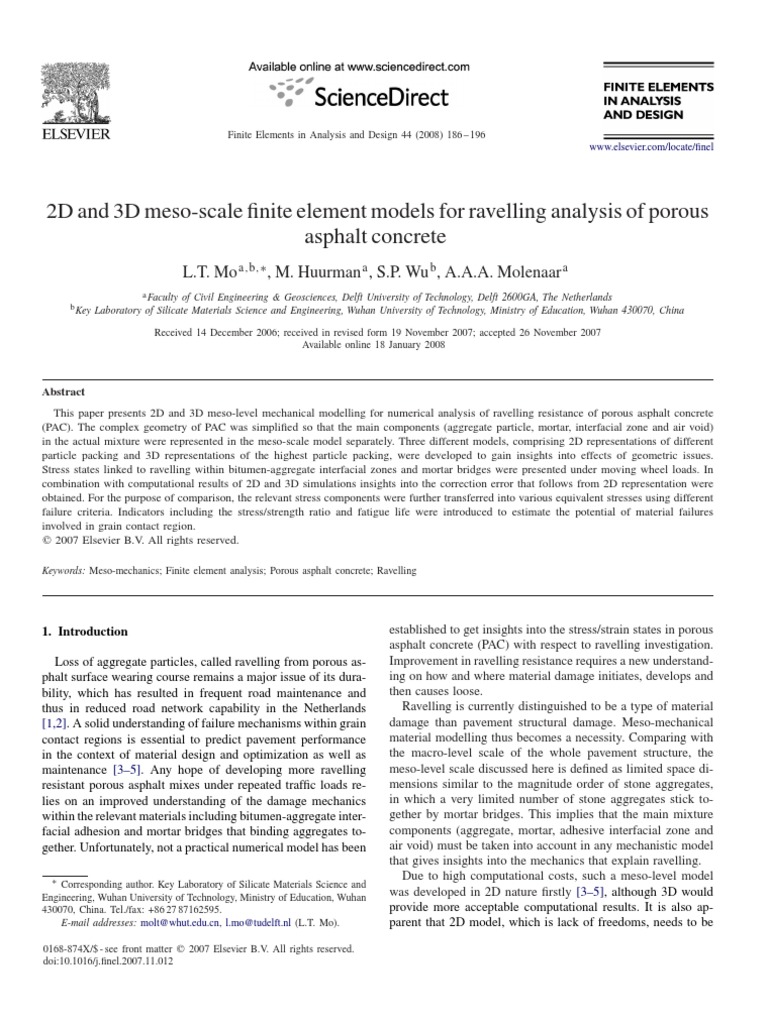 2D and 3D Meso-Scale Finite Element Models For Ravelling Analysis of ...