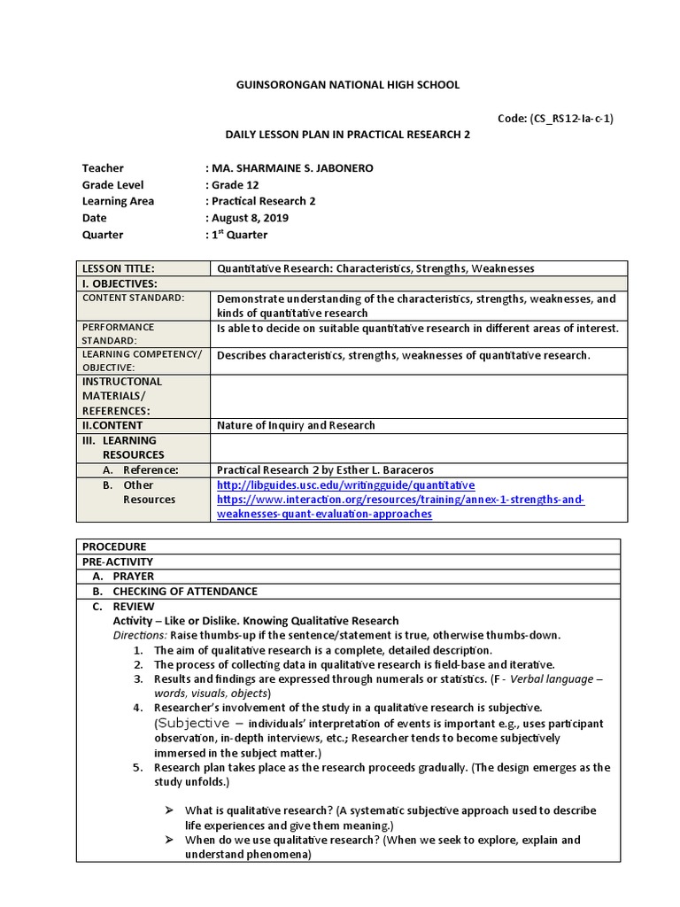 Content Standard: Performance Standard: Learning Competency/ Objective | PDF | Qualitative ...