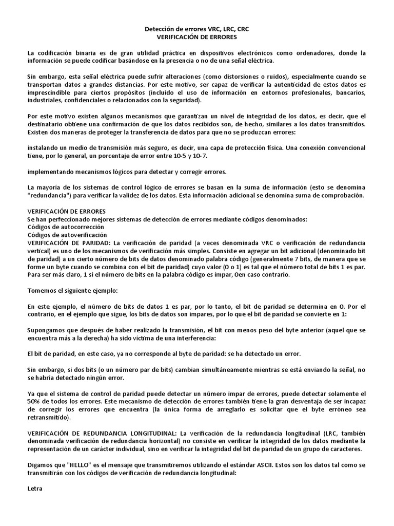 Detección de Errores VRC, LRC, CRC | PDF | Detección y corrección de ...