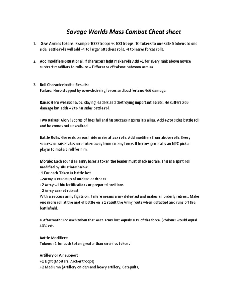 Savage Worlds - Mass Combat Cheat Sheet | PDF | Siege | Battles