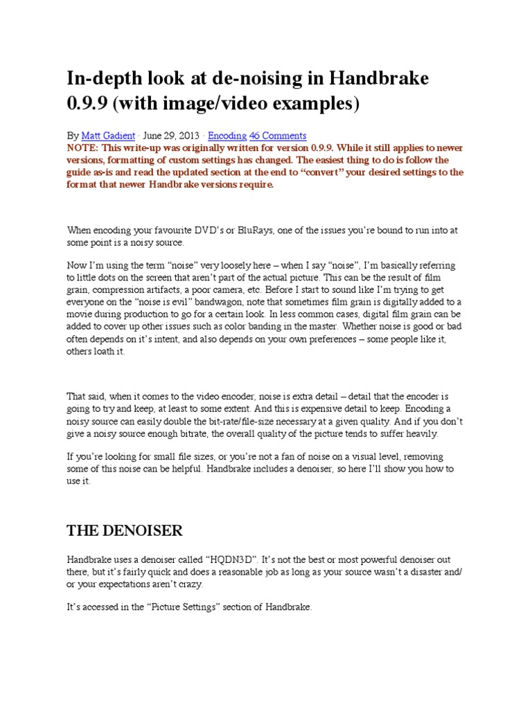 Handbrake Denoising Techniques Explained | PDF | Data Compression | Video