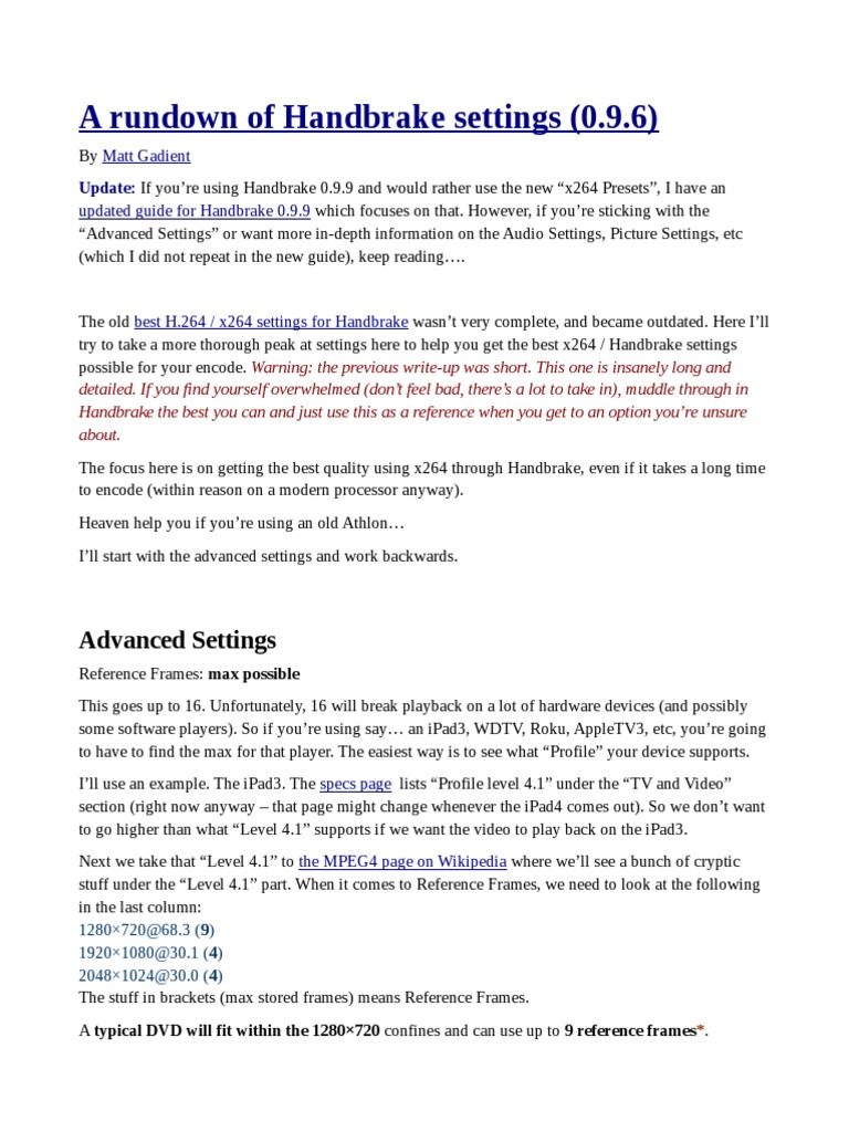 Rundown of Handbrake Settings | PDF | Bit Rate | Data Compression
