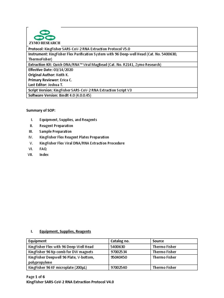 KingFisher SARS-CoV-2 RNA Extraction Protocol V5.0 | PDF | Biochemistry ...