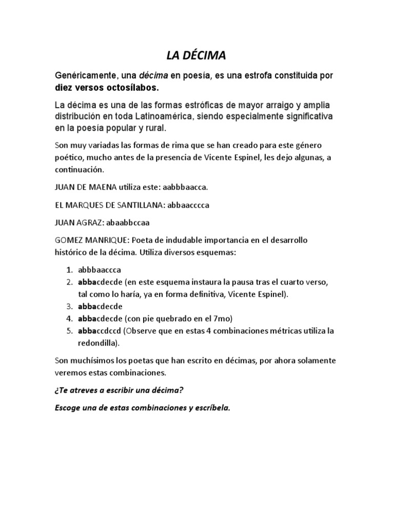 Estructura y Ejemplos de Décimas | PDF