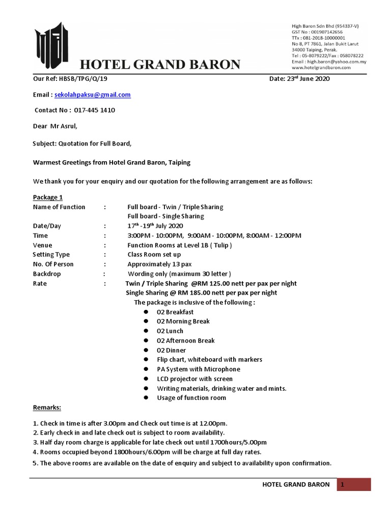 High Baron Hotel - Quotation Fullboard (MR Asrul, 17-19 July 2020 ...