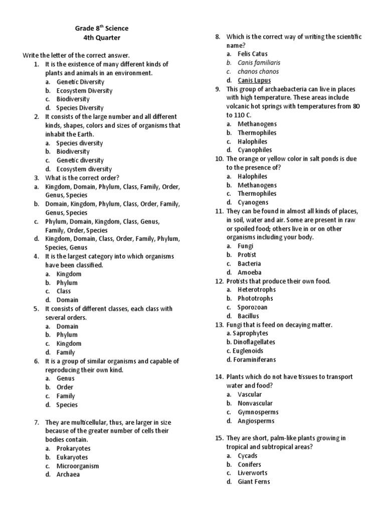 Grade 8 Science 4th Quarter: B. Canis Familiaris C. Chanos Chanos | PDF ...