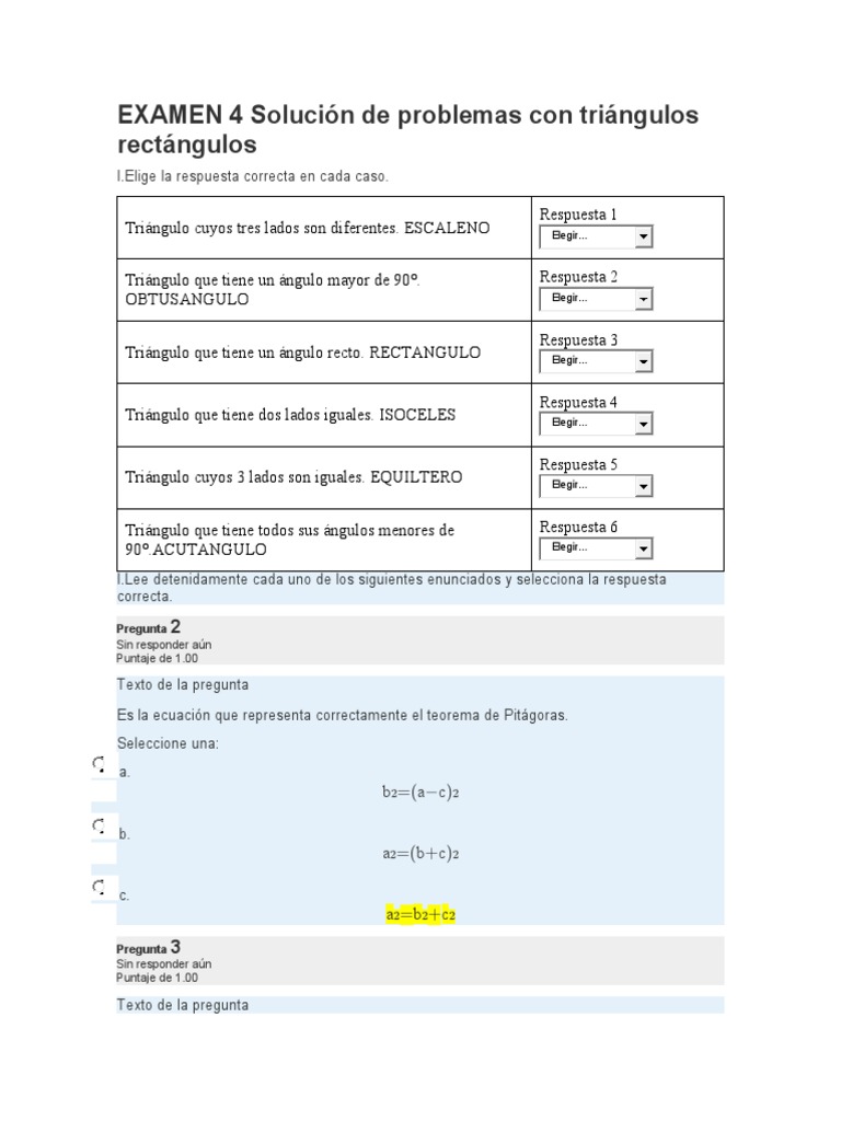 EXAMEN 4 Solución de Problemas Con Triángulos Rectángulos | PDF ...