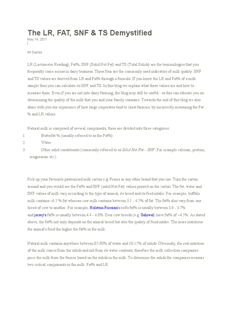 LR & SNF Calculation | PDF | Density | Milk