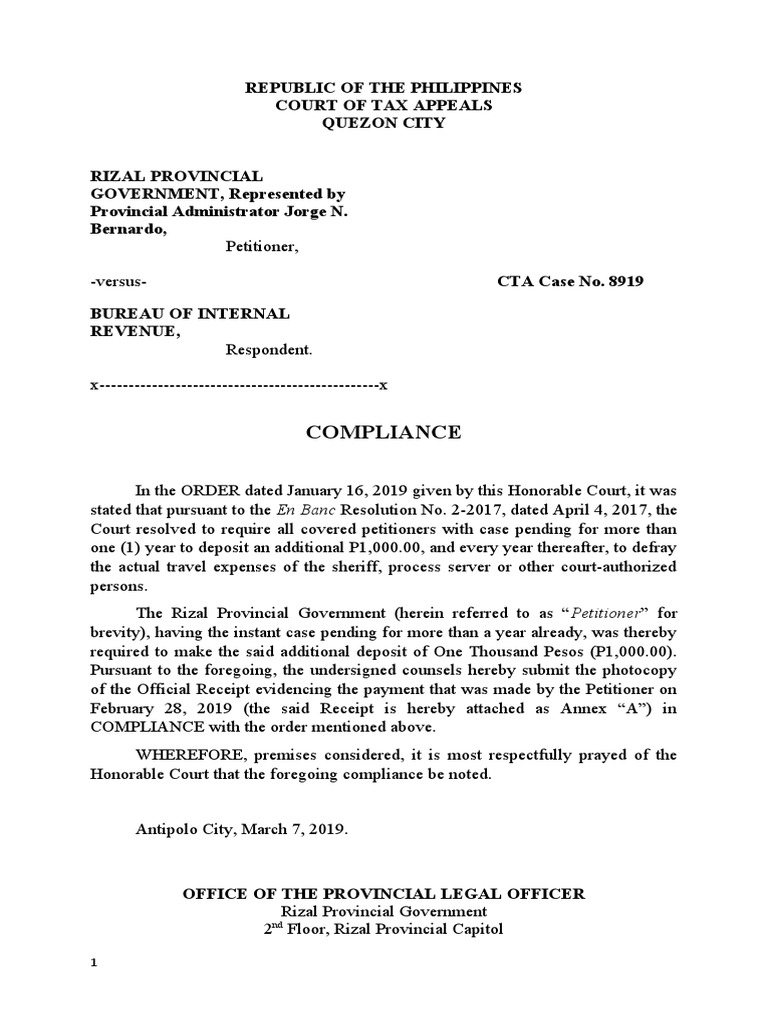 Compliance Order in CTA Case 8919 | PDF | Courts | Judiciaries