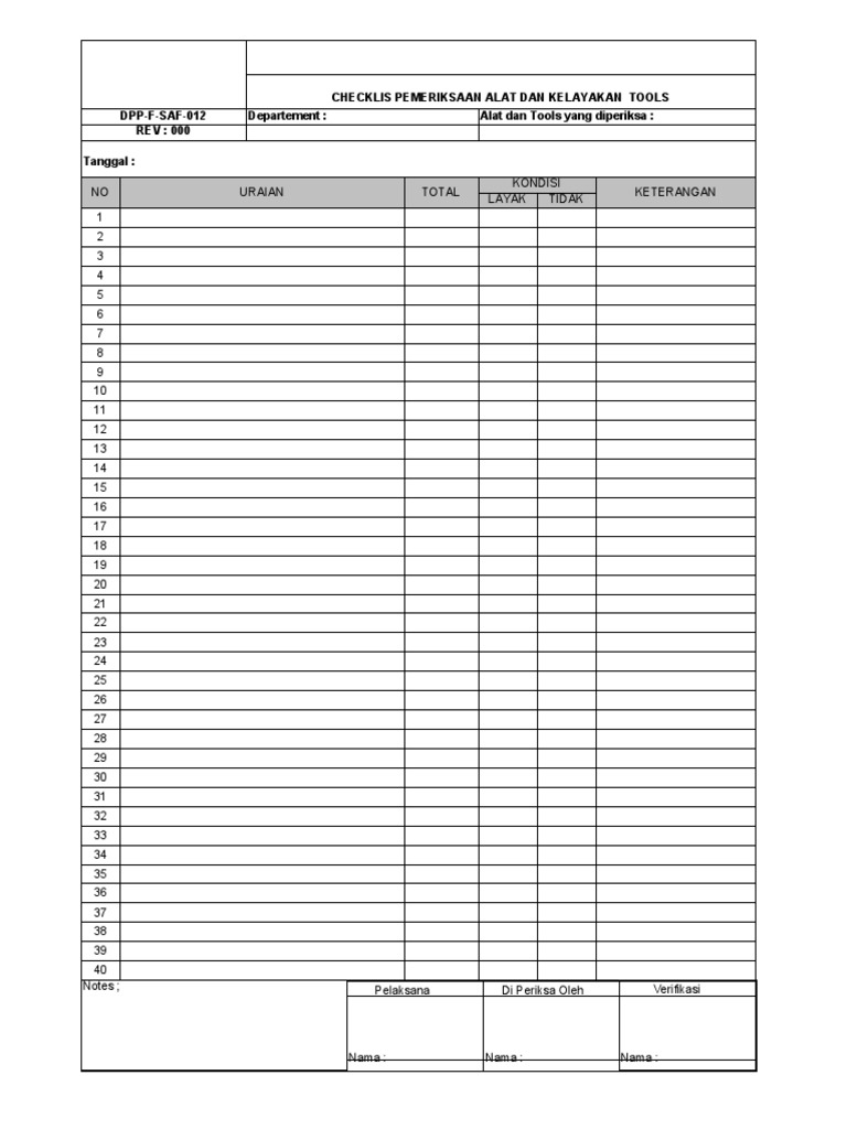 127 FORM Checklist Pemeriksaan Alat Dan Kelayakan Tools | PDF