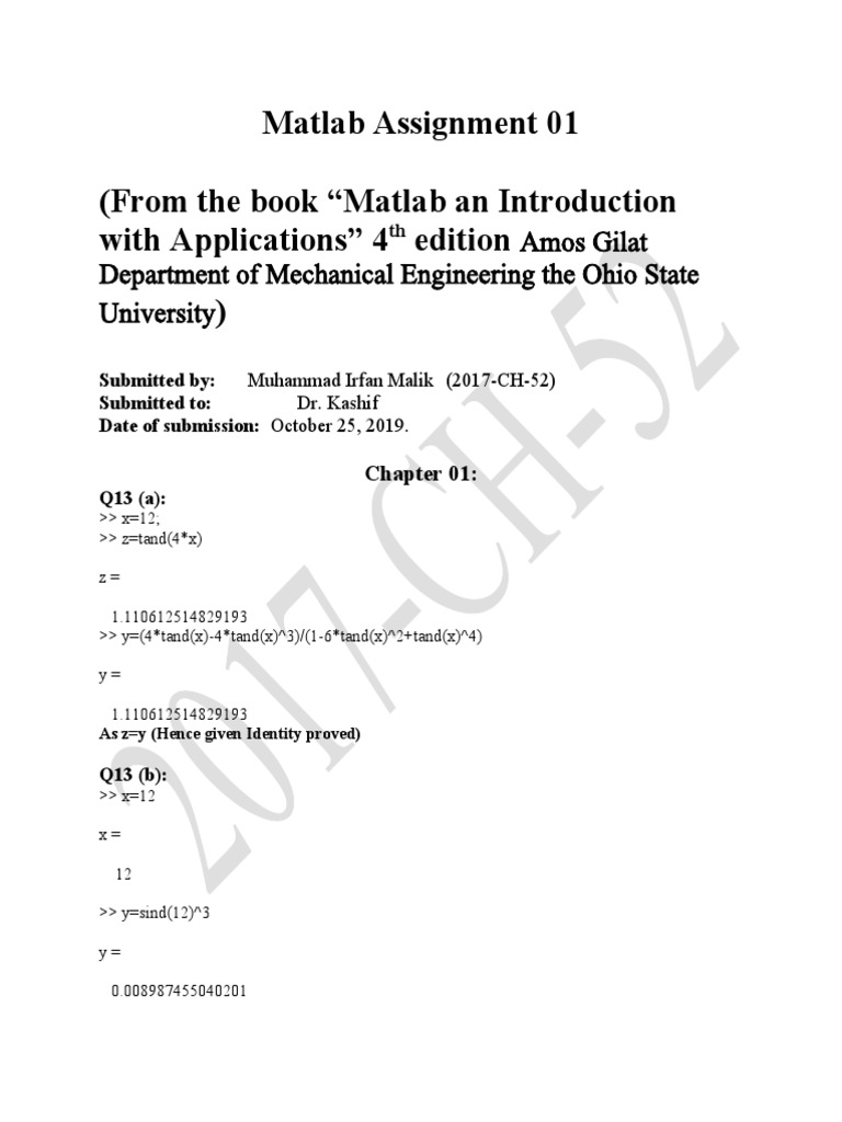 Matlab Assignment 01 | PDF | Linear Algebra | Teaching Mathematics