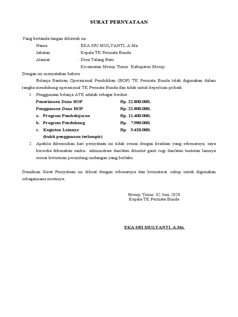 Surat Pernyataan Dan Rab TK Permata Bunda | PDF