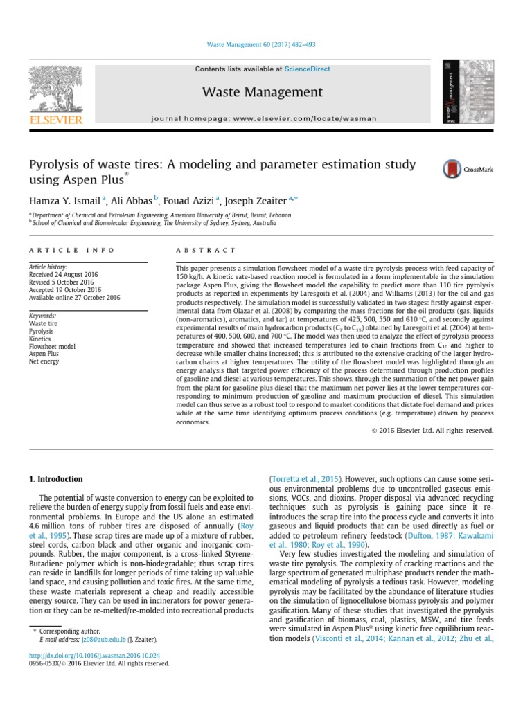 Pyrolysis of Waste Tires, A Modeling and Parameter Estimation Study ...