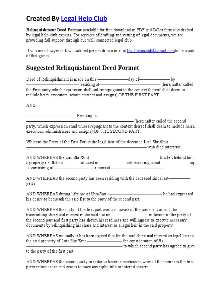 Relinquishment Deed Format Guide | PDF | Inheritance | Property Law