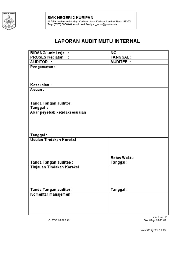 Format LAPORAN AUDIT INTERNAL | PDF
