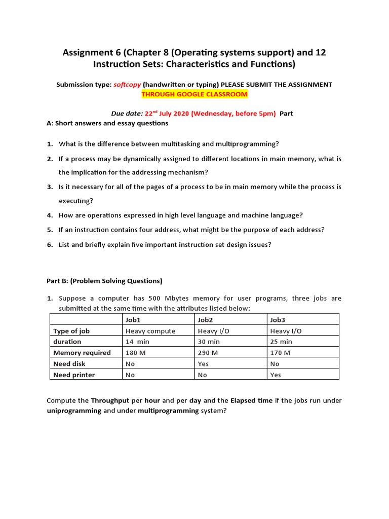 Assignment 6 (Chapter 8 (Operating Systems Support) and 12 Instruction ...