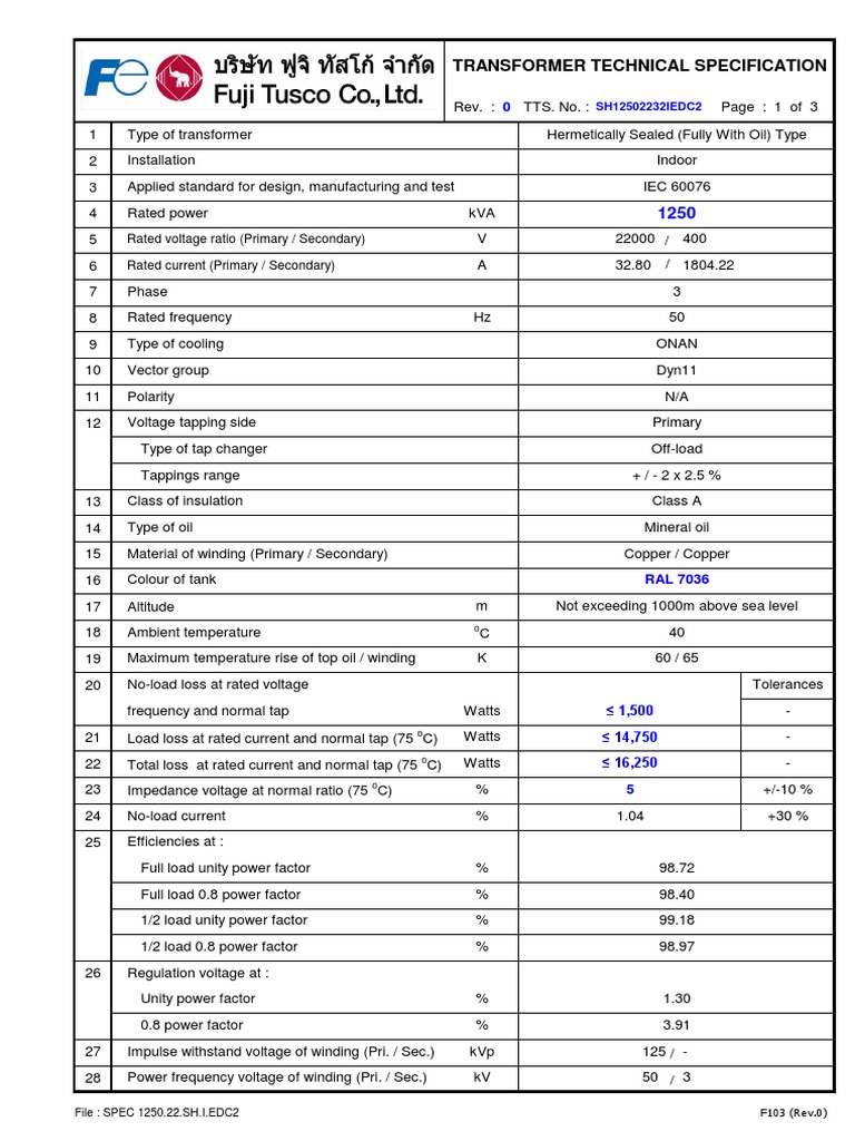 Transformer Technical Specification: Rated Voltage Ratio (Primary ...