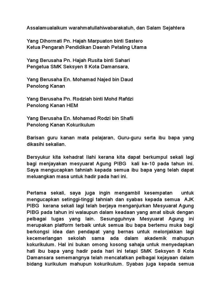 Teks Ucapan Ydp Pibg 2020 | PDF | Karier & Perkembangan
