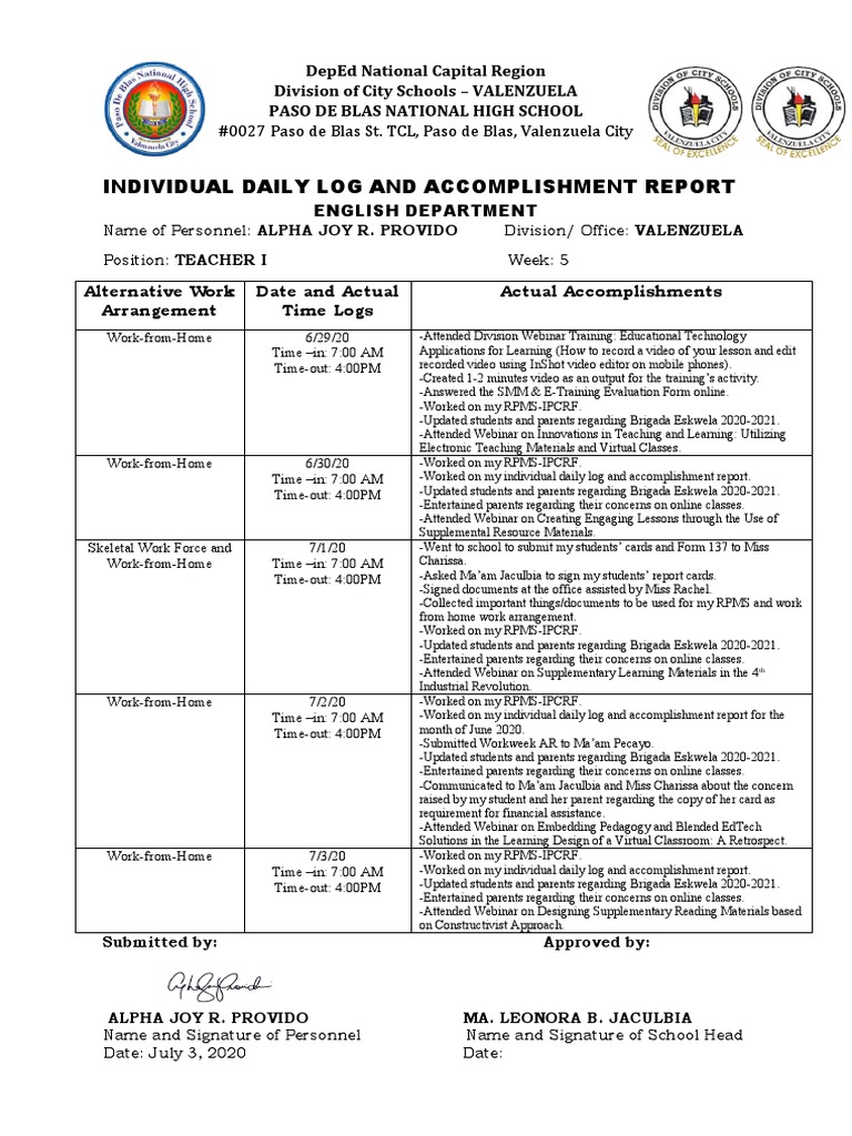 Individual Daily Log and Accomplishment Report: #0027 Paso de Blas St ...