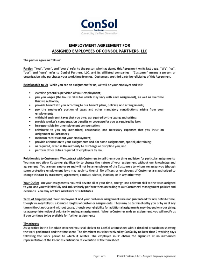 Employment Agreement For Assigned Employees of Consol Partners, LLC ...
