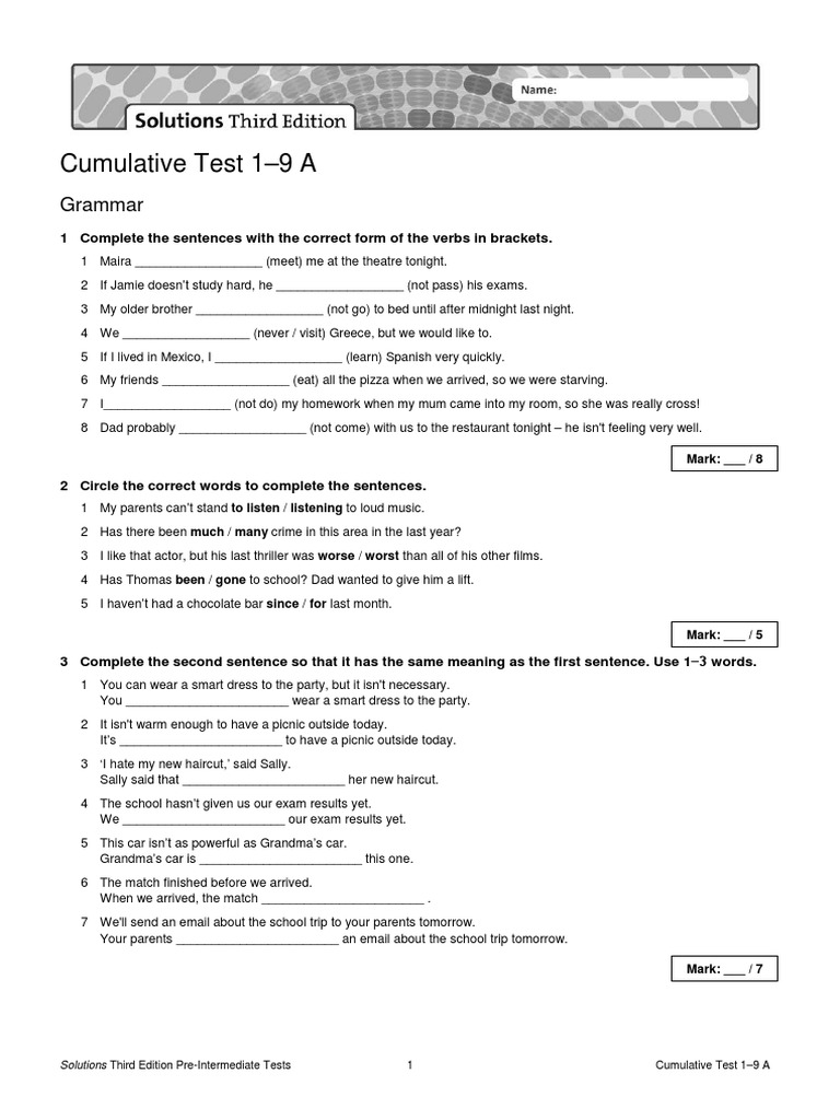 Cumulative Test 1-9 A: Grammar | PDF