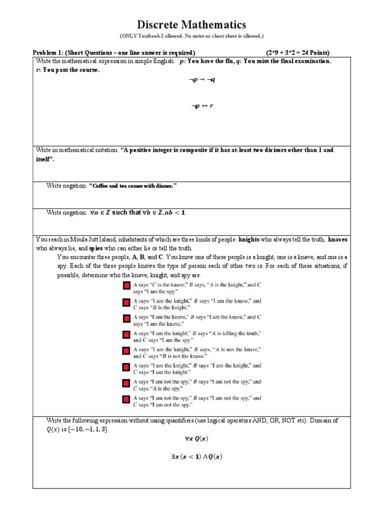 Discrete Mathematics: (ONLY Textbook I Allowed. No Notes or Cheat Sheet ...
