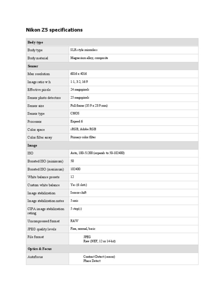 Nikon Z5 Camera Specifications Overview | PDF | Image Stabilization ...