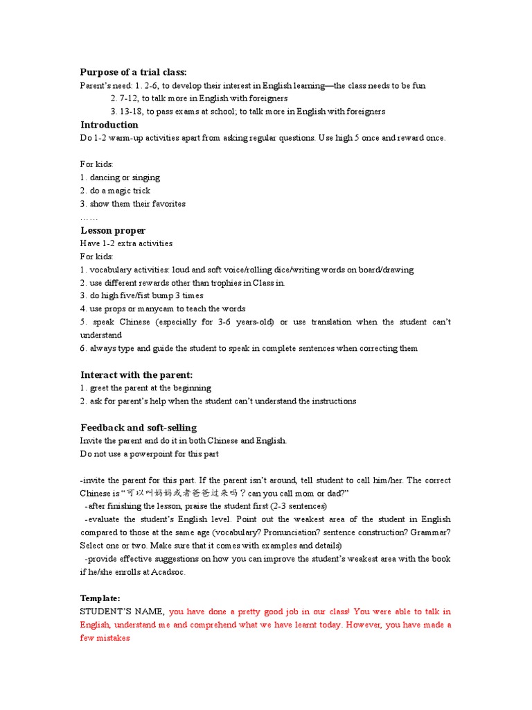 Purpose of A Trial Class:: Template | PDF | English Language | Vocabulary