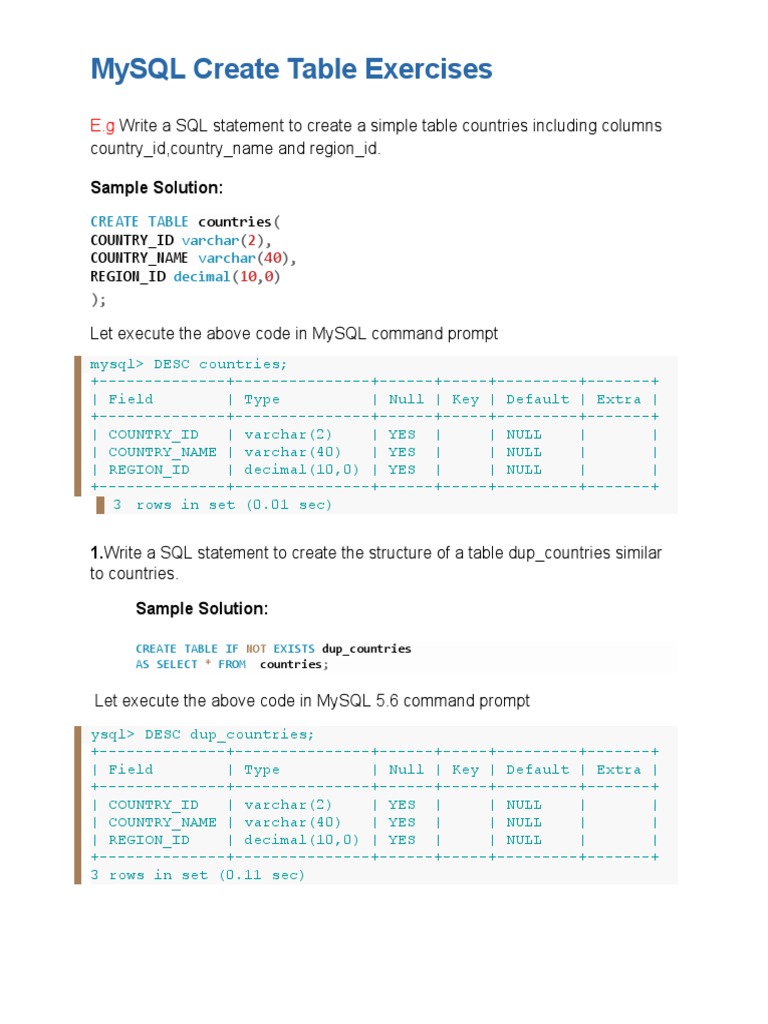 Mysql Create Table Exercises | PDF | Table (Database) | Sql