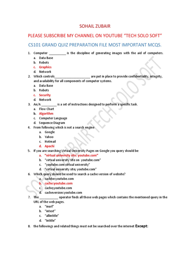 CS101 Grand Quiz Preparation: 50 Multiple Choice Questions on ...