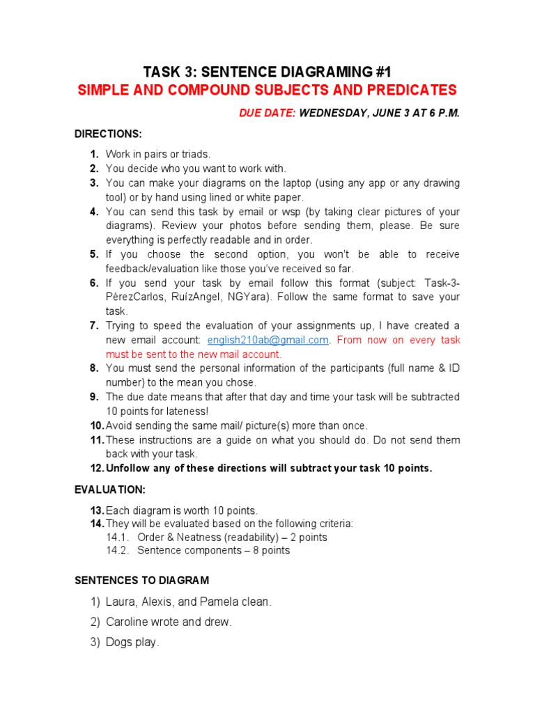 Simple and Compound Subjects and Predicates: Task 3: Sentence ...