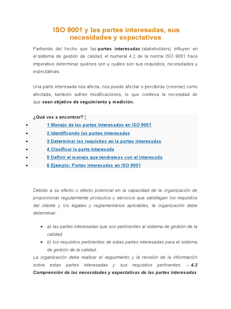 Necesidades de Partes Interesadas ISO 9001 | PDF | Sistema de manejo de ...